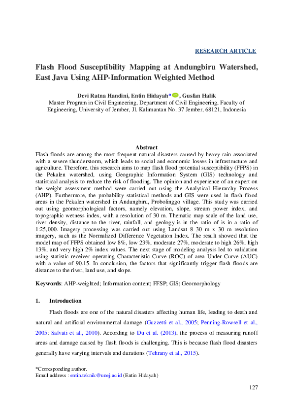 (PDF) Flash Flood Susceptibility Mapping at Andungbiru Watershed, East Java Using AHP ...