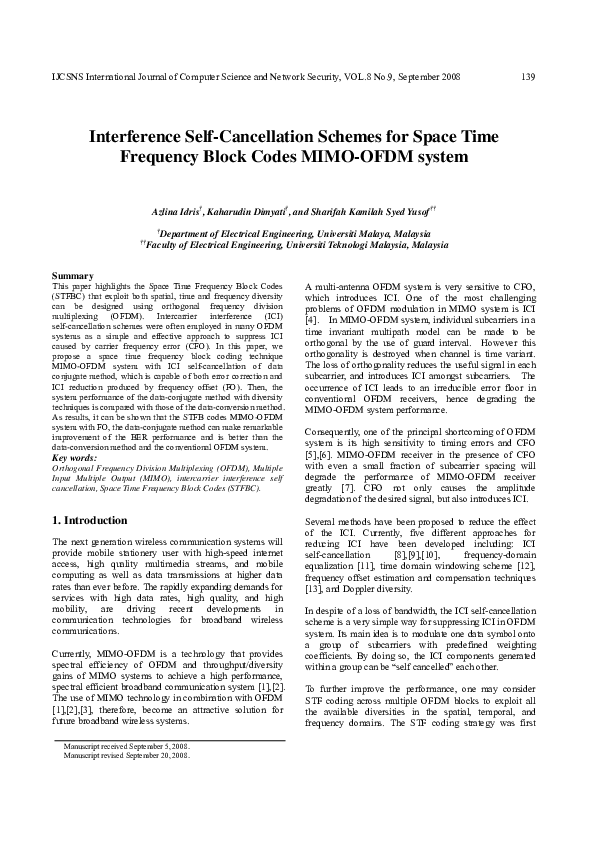 Pdf Interference Self Cancellation Schemes For Space Time Frequency Block Codes Mimo Ofdm System