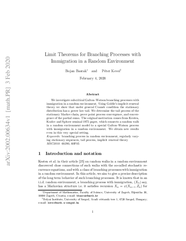 Pdf Limit Theorems For Branching Processes With Immigration In A