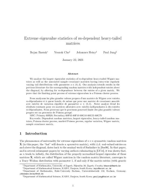(PDF) Extreme eigenvalue statistics of $m$-dependent heavy-tailed matrices