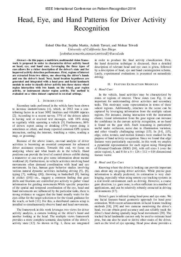 (PDF) Head, Eye, and Hand Patterns for Driver Activity Recognition
