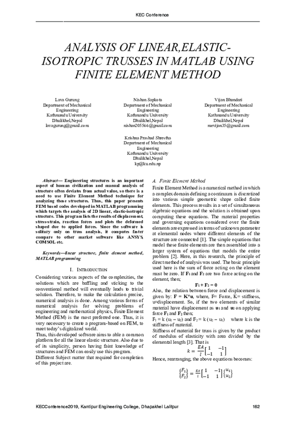 (PDF) Analysis of Linear,Elastic- Isotropic Trusses in Matlab Using Finite Element Method