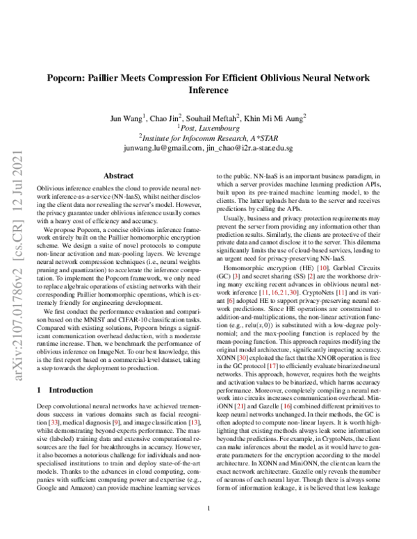 (PDF) Popcorn: Paillier Meets Compression For Efficient Oblivious Neural Network Inference