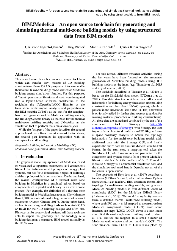(PDF) BIM2Modelica - An open source toolchain for generating and simulating thermal multi-zone ...