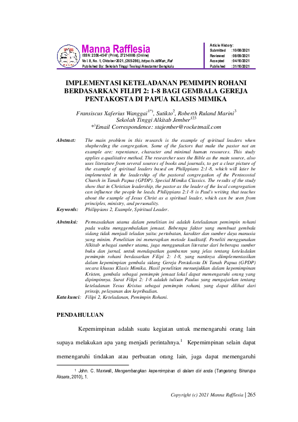 (PDF) Implementasi Keteladanan Pemimpin Rohani Berdasarkan Filipi 2: 1 ...