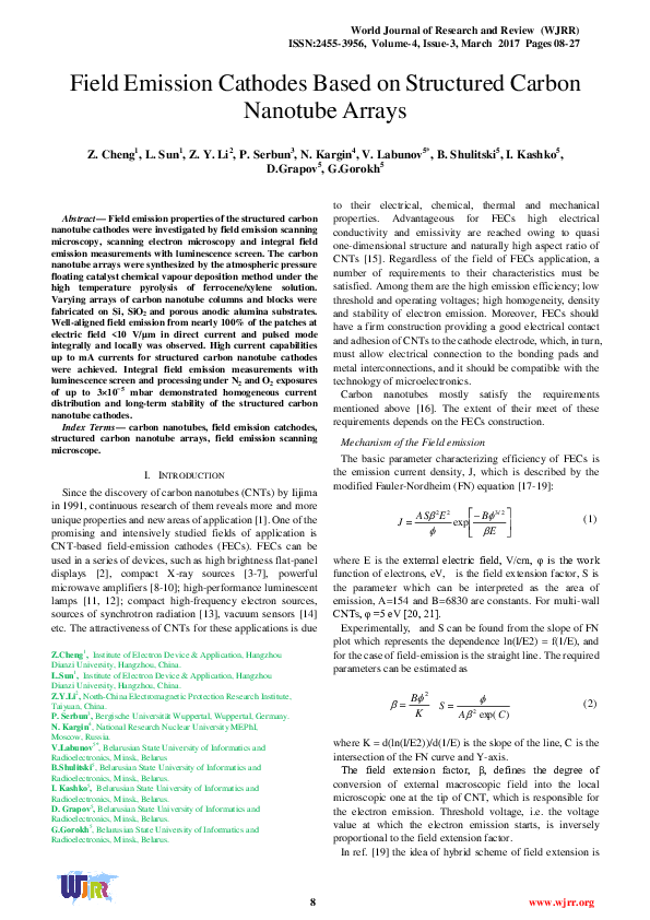 (PDF) Field Emission Cathodes Based on Structured Carbon Nanotube Arrays