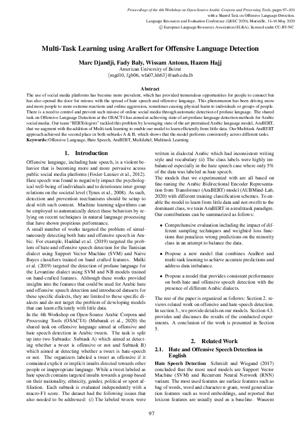 (PDF) Multi-Task Learning using AraBert for Offensive Language Detection