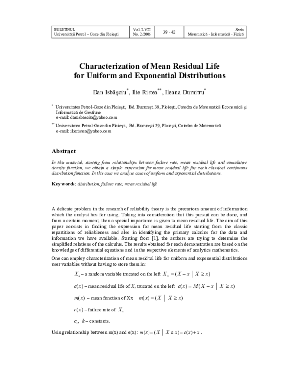 (PDF) Characterization of Mean Residual Life for Uniform and ...