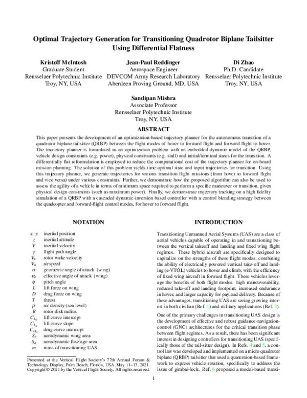 (PDF) Optimal Trajectory Generation for Transitioning Quadrotor Biplane Tailsitter Using ...