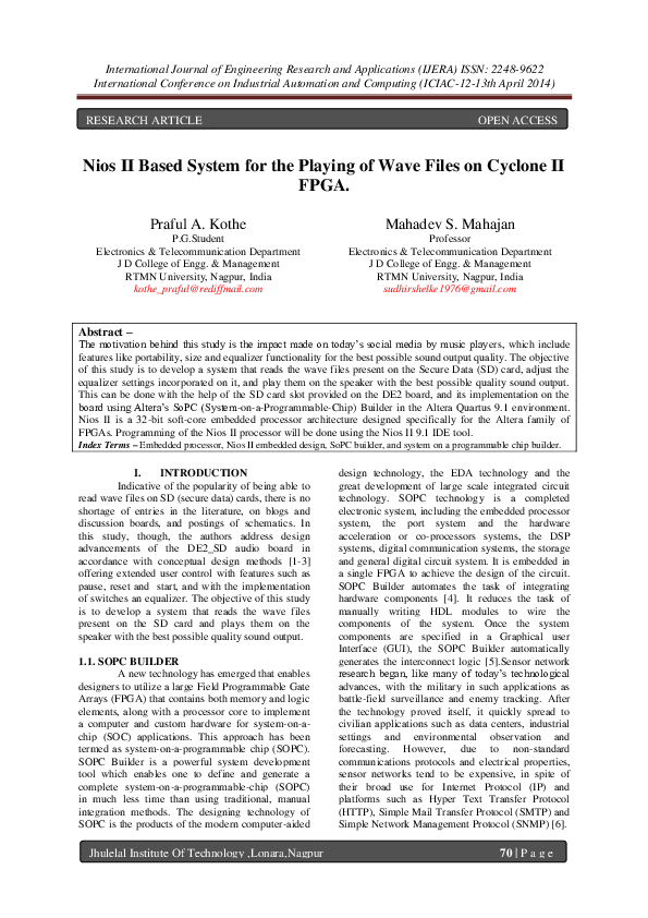 (PDF) Nios II Based System for the Playing of Wave Files on Cyclone II FPGA
