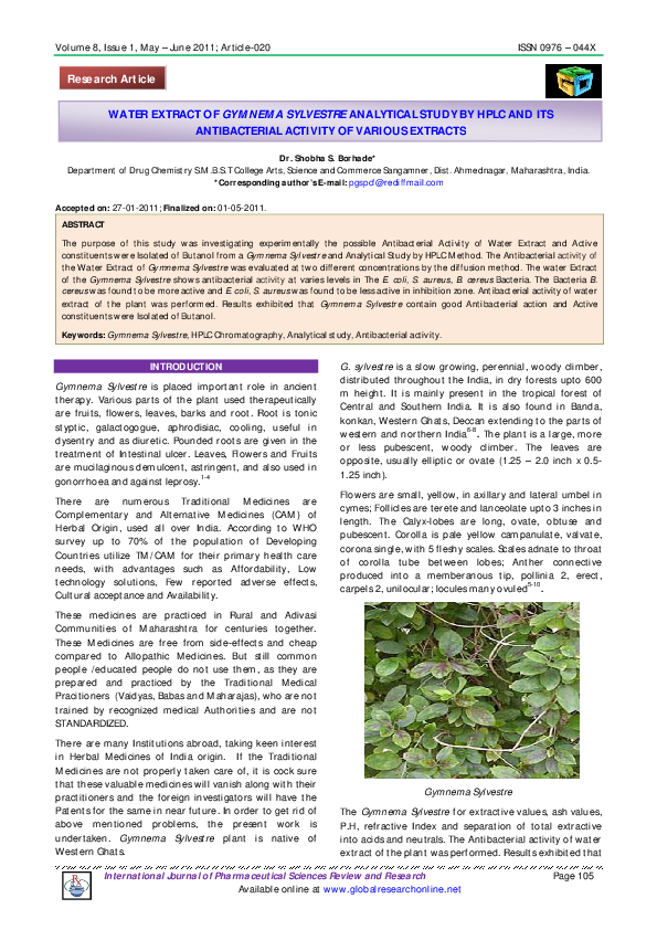 (PDF) WATER EXTRACT OF GYMNEMA SYLVESTRE ANALYTICAL STUDY BY HPLC AND ...