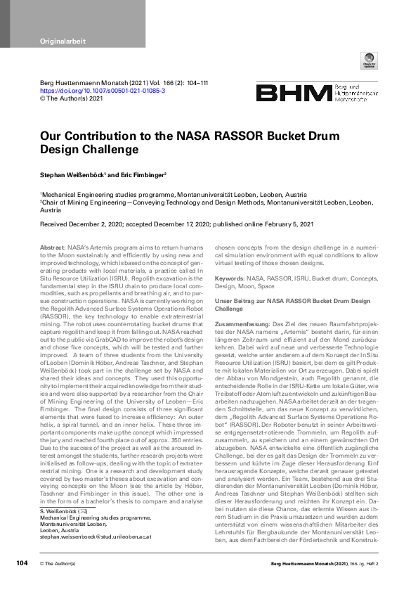 (PDF) Our Contribution to the NASA RASSOR Bucket Drum Design Challenge