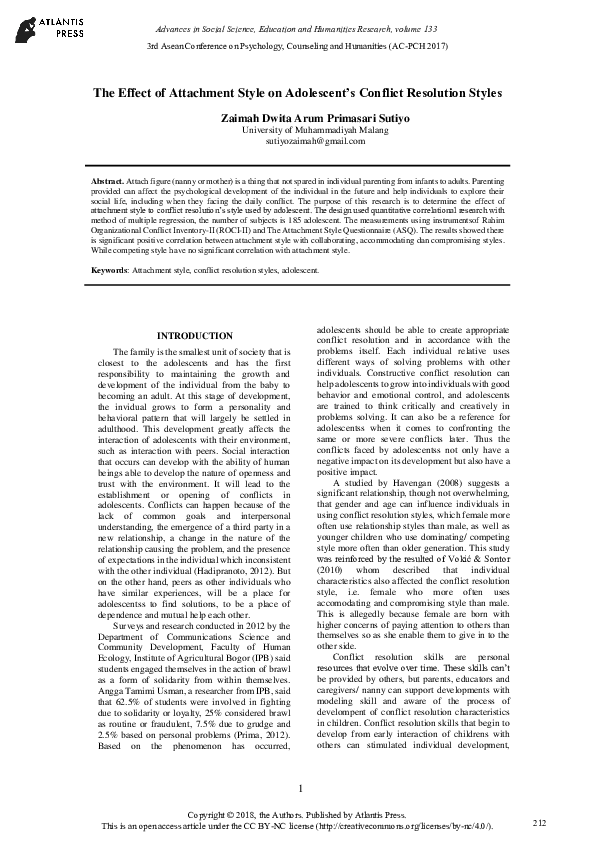 (PDF) The Effect of Attachment Style on Adolescent's Conflict ...