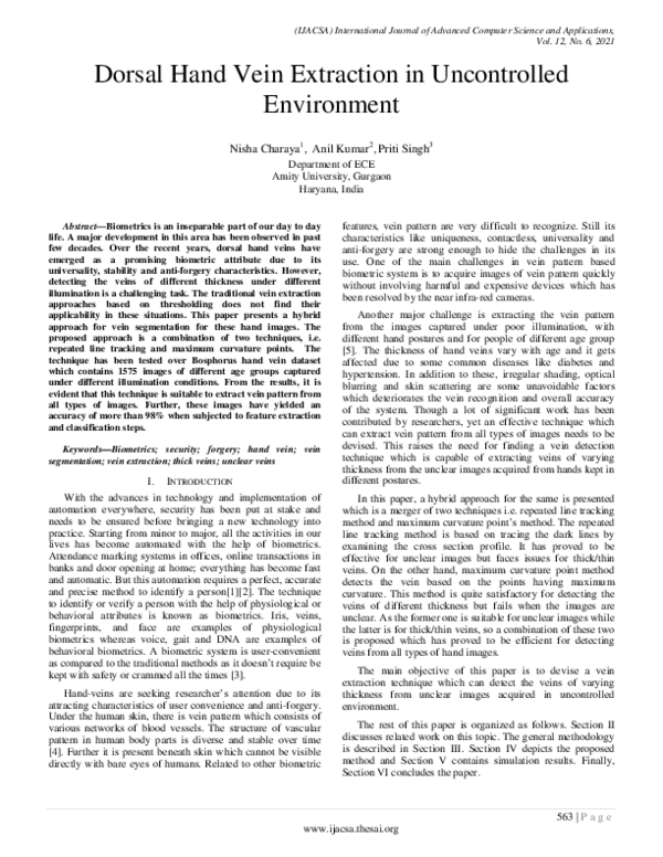 (PDF) Dorsal Hand Vein Extraction in Uncontrolled Environment