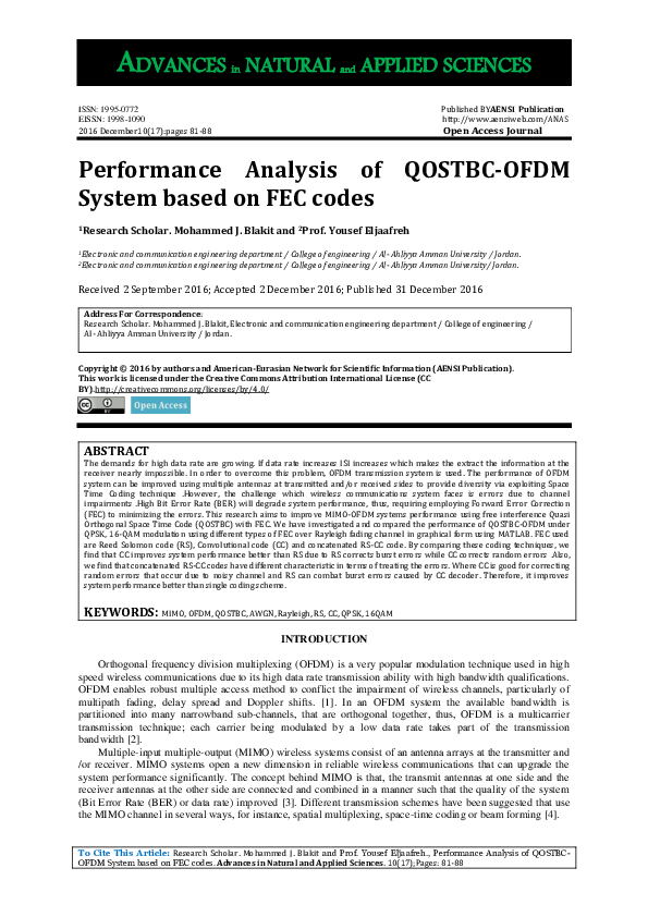 Pdf Performance Analysis Of Qostbc Ofdm System Based On Fec Codes