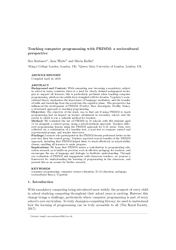 (PDF) Teaching computer programming with PRIMM: a sociocultural ...