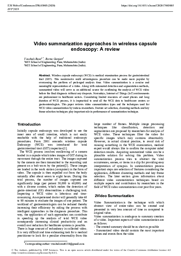 Pdf Video Summarization Approaches In Wireless Capsule Endoscopy A Review