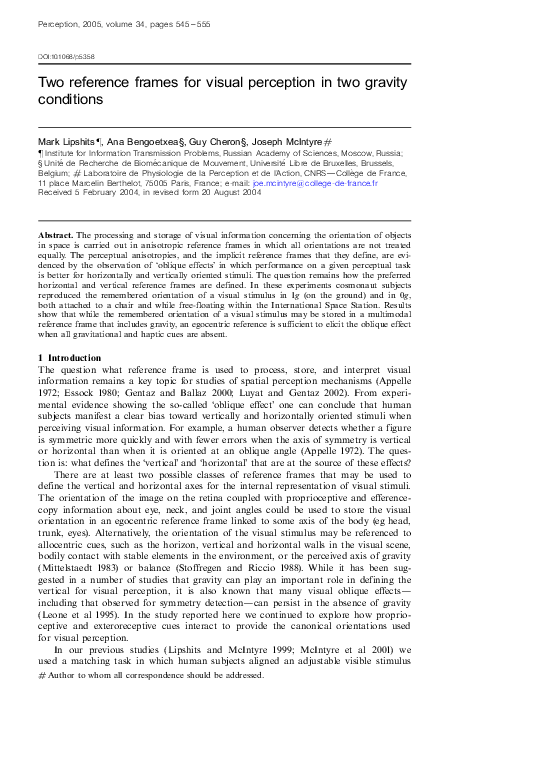 (PDF) Two reference frames for visual perception in two gravity conditions