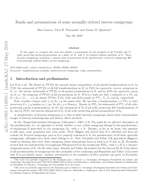 (PDF) Ranks and presentations of some normally ordered inverse semigroups