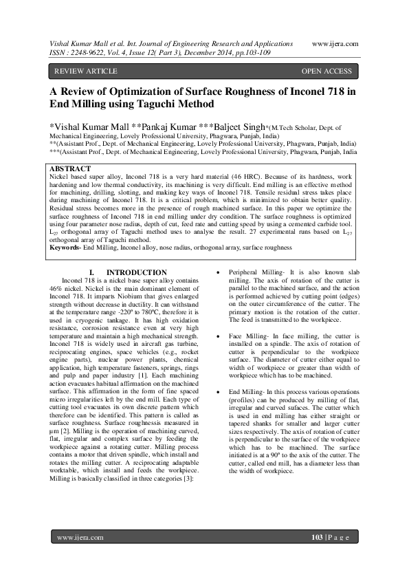 Pdf A Review Of Optimization Of Surface Roughness Of Inconel 718 In End Milling Using Taguchi