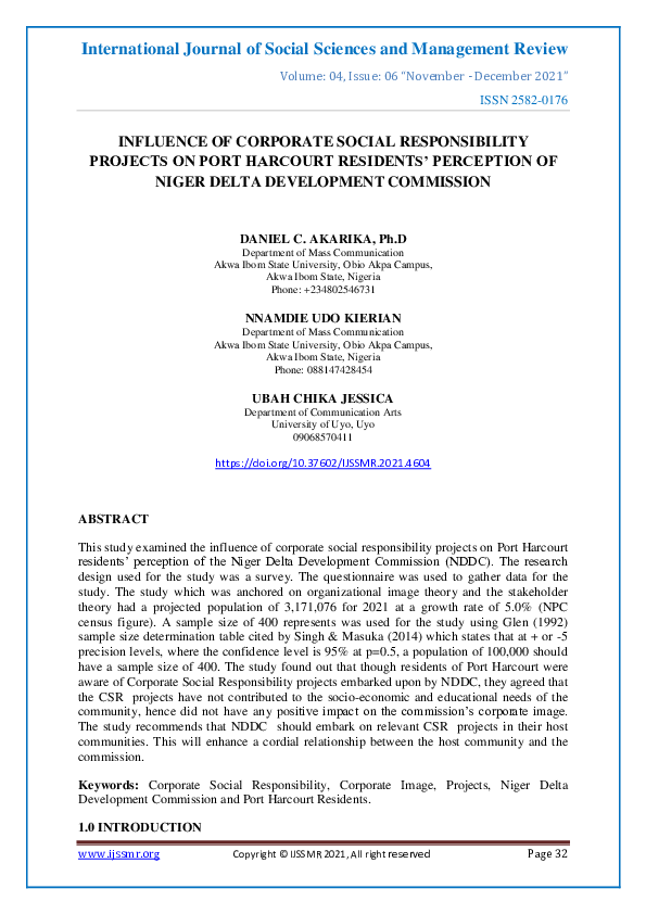 (PDF) INFLUENCE OF CORPORATE SOCIAL RESPONSIBILITY PROJECTS ON PORT HARCOURT RESIDENTS ...