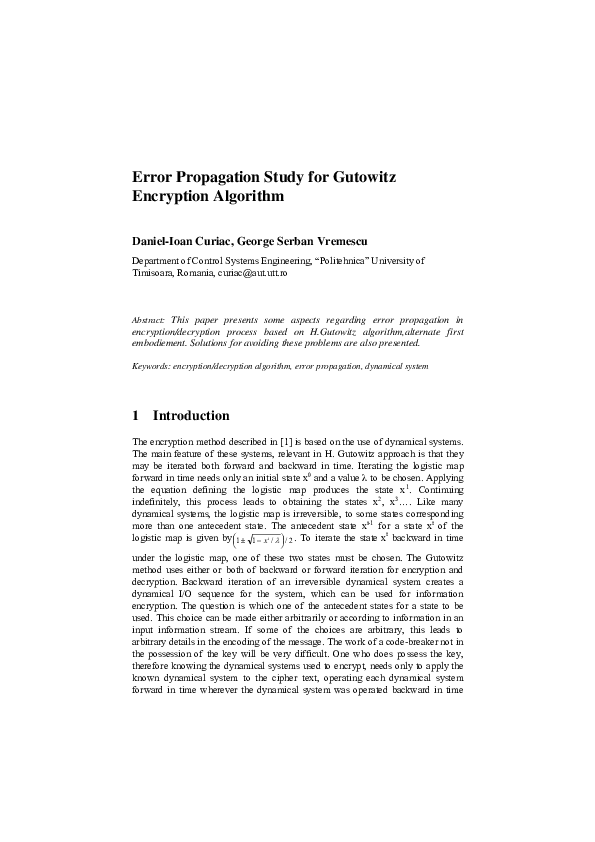 (PDF) Error Propagation Study for Gutowitz Encryption Algorithm
