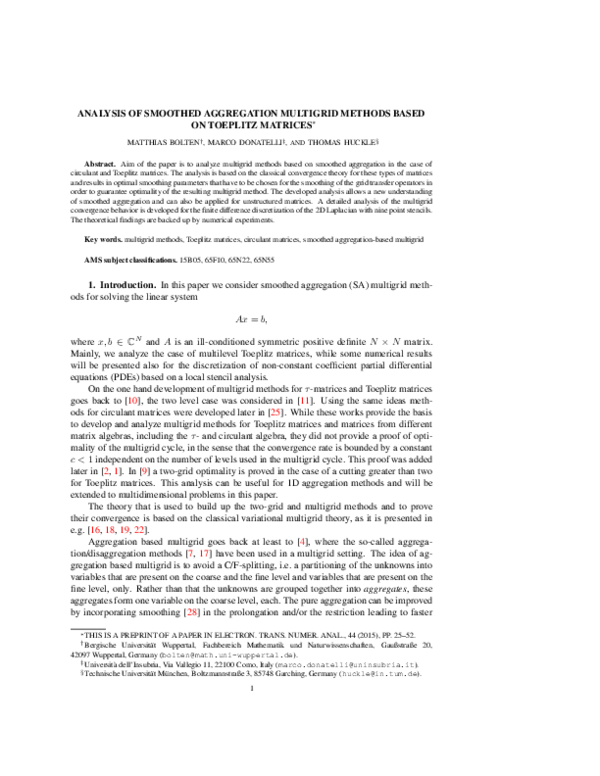 (PDF) Analysis of Smoothed Aggregation Multigrid Methods Based on Toeplitz Matrices ∗
