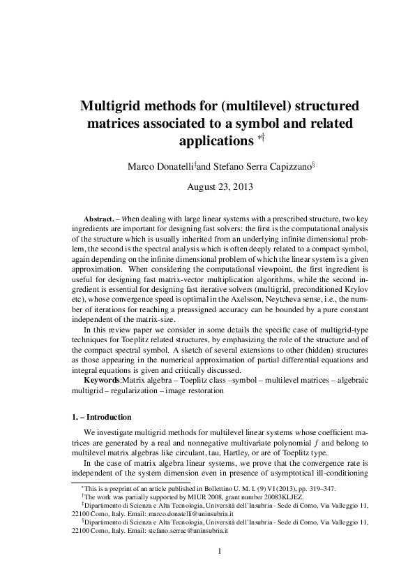(PDF) Multigrid methods for (multilevel) structured matrices associated ...