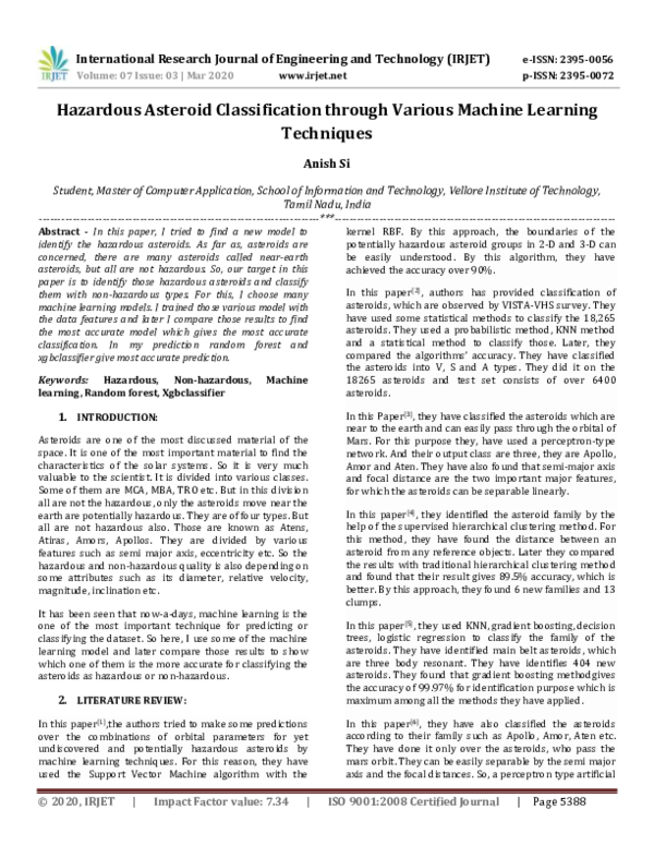 (PDF) Hazardous Asteroid Classification through Various Machine Learning Techniques