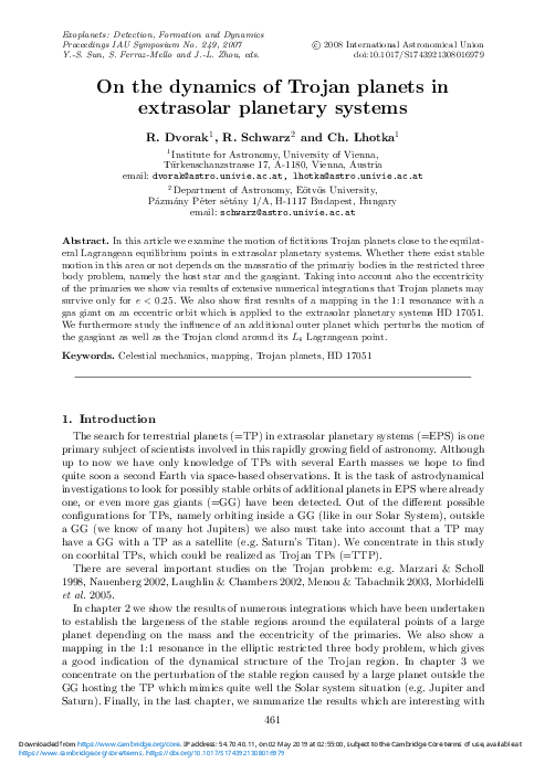 (PDF) On the dynamics of Trojan planets in extrasolar planetary systems