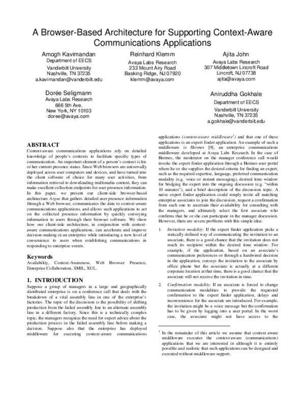 Pdf A Browser Based Architecture For Supporting Context Aware Communications Applications