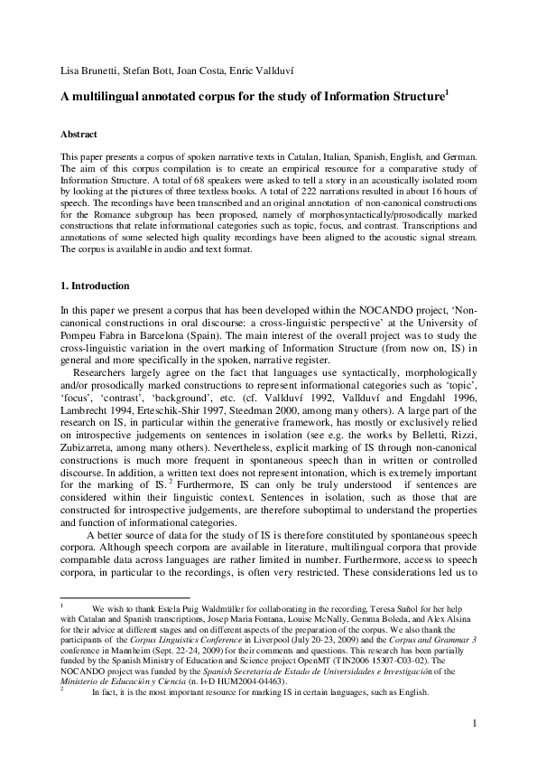 (PDF) A multilingual annotated corpus for the study of Information Structure