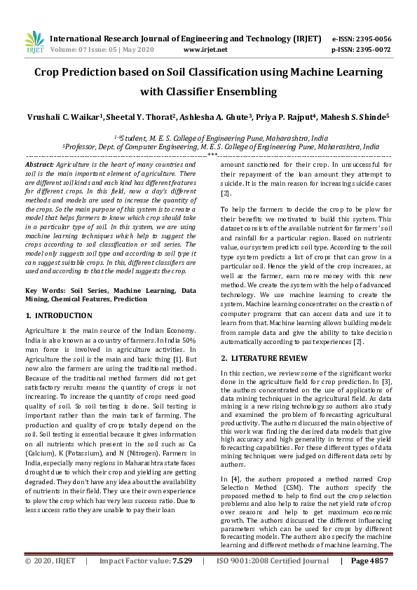 (PDF) Crop Prediction based on Soil Classification using Machine ...
