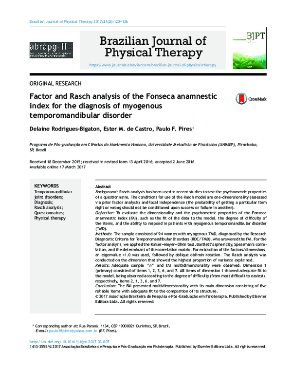 (PDF) Factor and Rasch analysis of the Fonseca anamnestic index for the ...