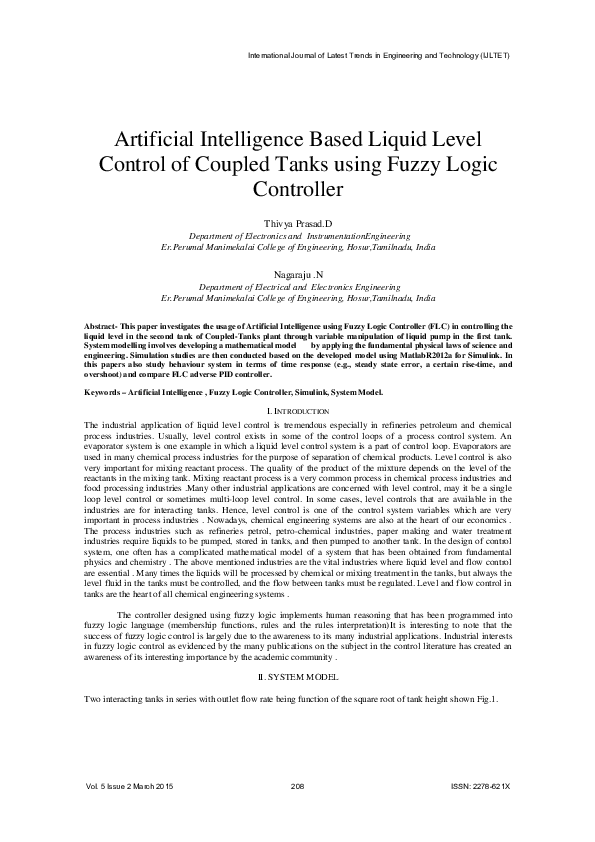 Pdf Artificial Intelligence Based Liquid Level Control Of Coupled Tanks Using Fuzzy Logic