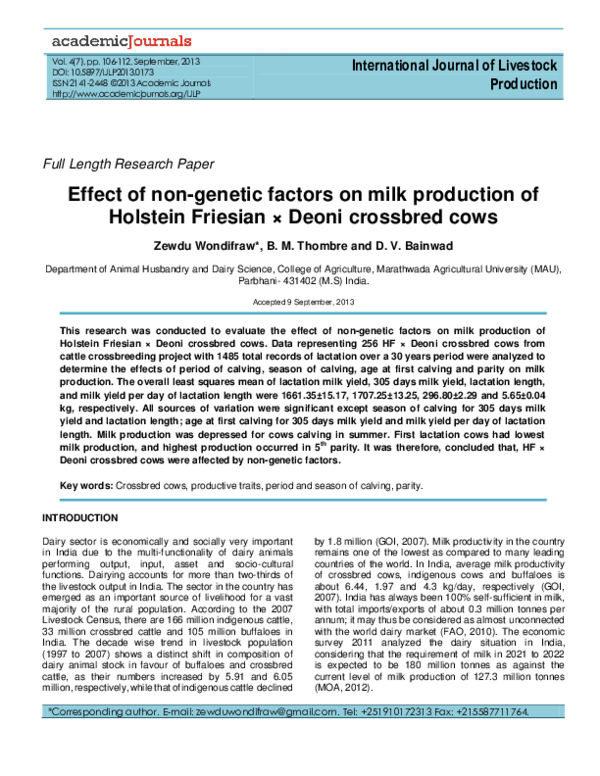 (PDF) Effect of non-genetic factors on milk production of Holstein Friesian × Deoni crossbred cows