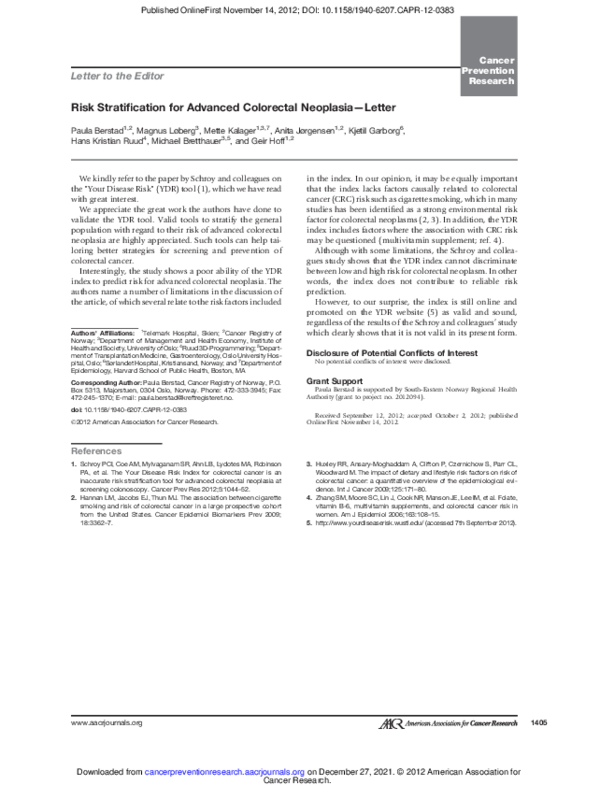 (PDF) Risk Stratification for Advanced Colorectal Neoplasia--Letter