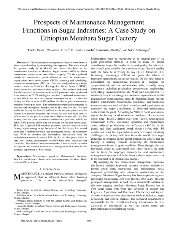 (PDF) Prospects of Maintenance Management Functions in Sugar Industries ...