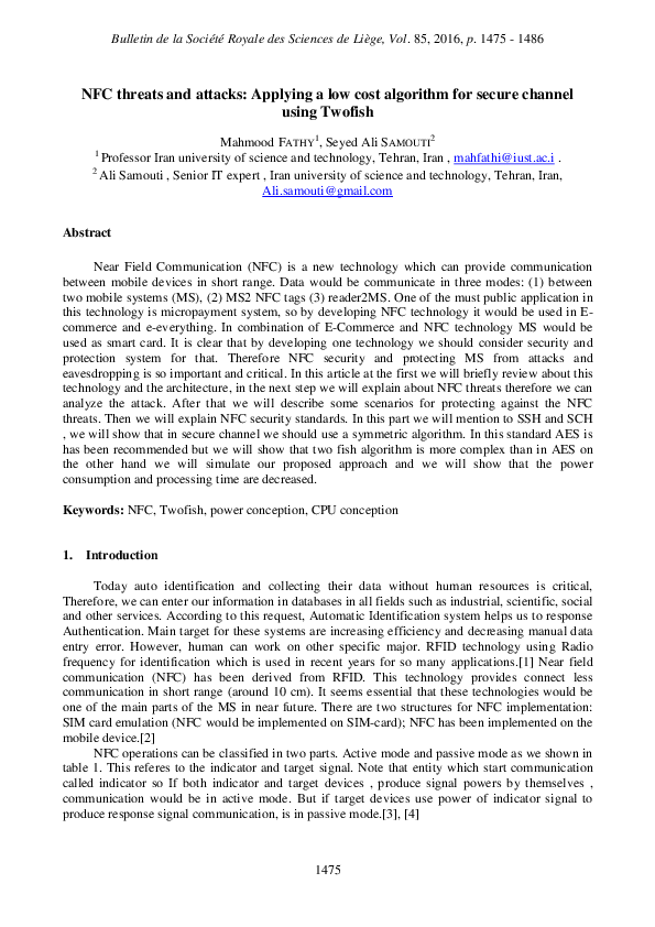 (PDF) NFC threats and attacks: Applying a low cost algorithm for secure channel using Twofish