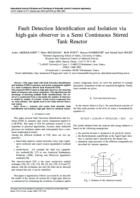 Pdf Fault Detection Identification And Isolation Via High Gain