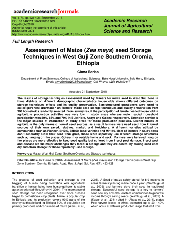 (PDF) Assessment of Maize (Zea mays) seed Storage Techniques in West ...