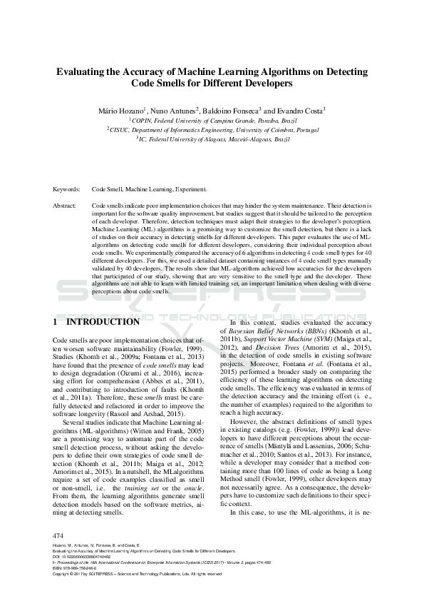 (PDF) Evaluating the Accuracy of Machine Learning Algorithms on Detecting Code Smells for ...