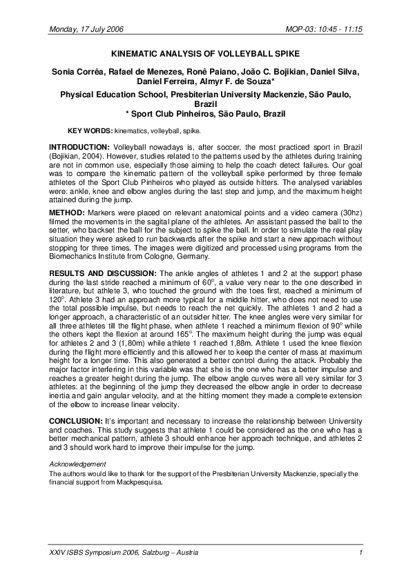 (PDF) Kinematic Analysis of Volleyball Spike (PDF) Kinematic Analysis of Volleyball Spike