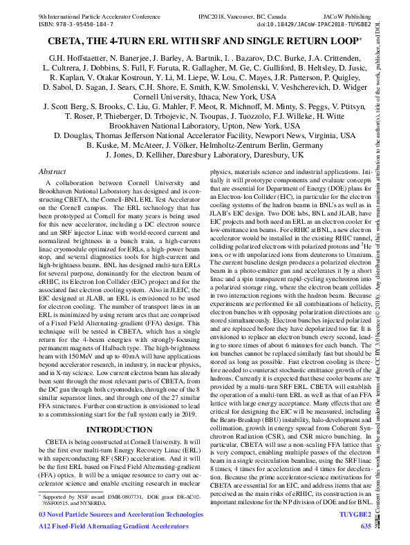 (PDF) CBETA, the 4-Turn ERL with SRF and Single Return Loop