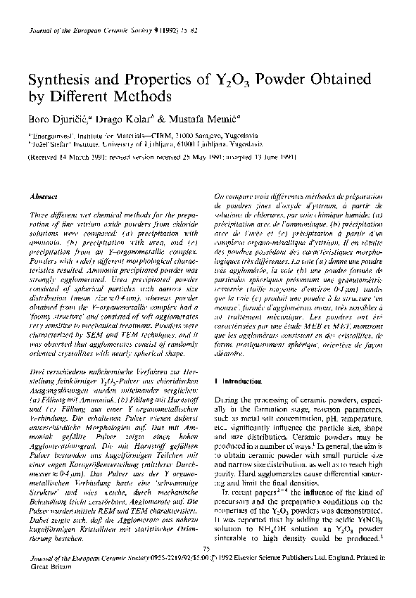 (PDF) Synthesis and properties of Y2O3 powder obtained by different methods