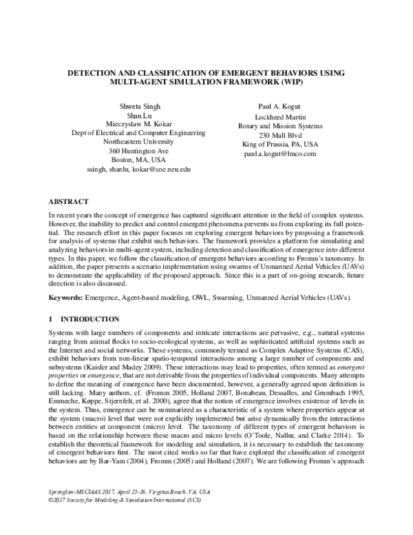 Pdf Detection And Classification Of Emergent Behaviors Using Multi