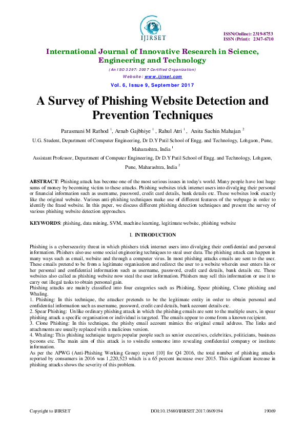 (PDF) A Survey of Phishing Website Detection and Prevention Techniques
