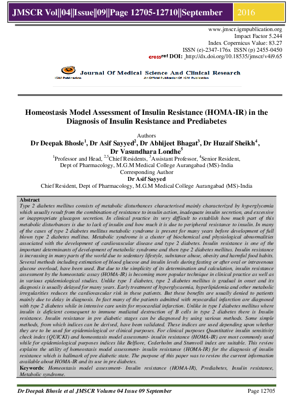 (PDF) Homeostasis Model Assessment of Insulin Resistance (HOMA-IR) in ...