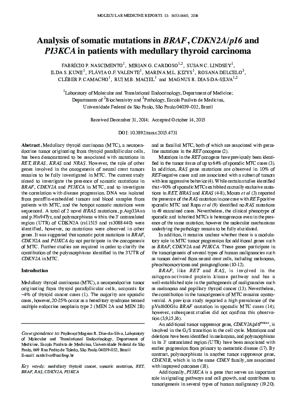 (PDF) Analysis of somatic mutations in braf, CDKN2A/p16 and PI3KCA in ...