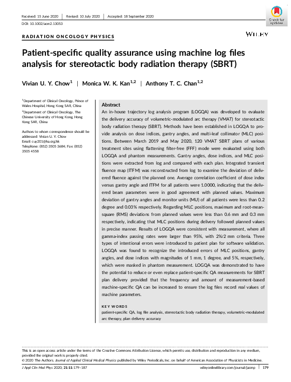 (PDF) Patient‐specific quality assurance using machine log files analysis for stereotactic body ...
